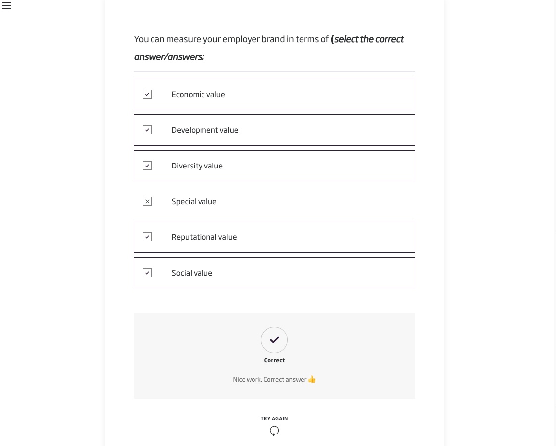 Try again still presented when user is correct | E-Learning Heroes