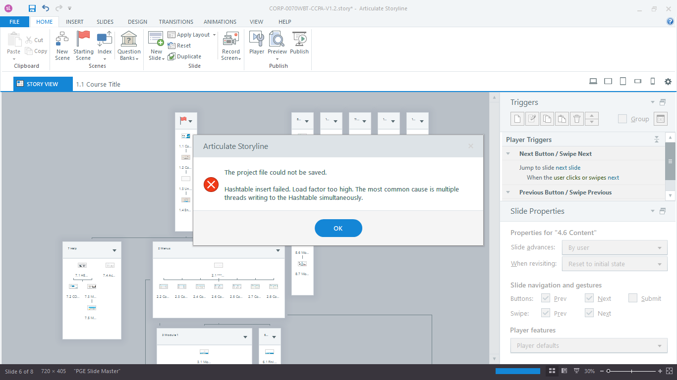 The project could not be saved. Hashtable insert failed. Load factor too high... | Articulate ...