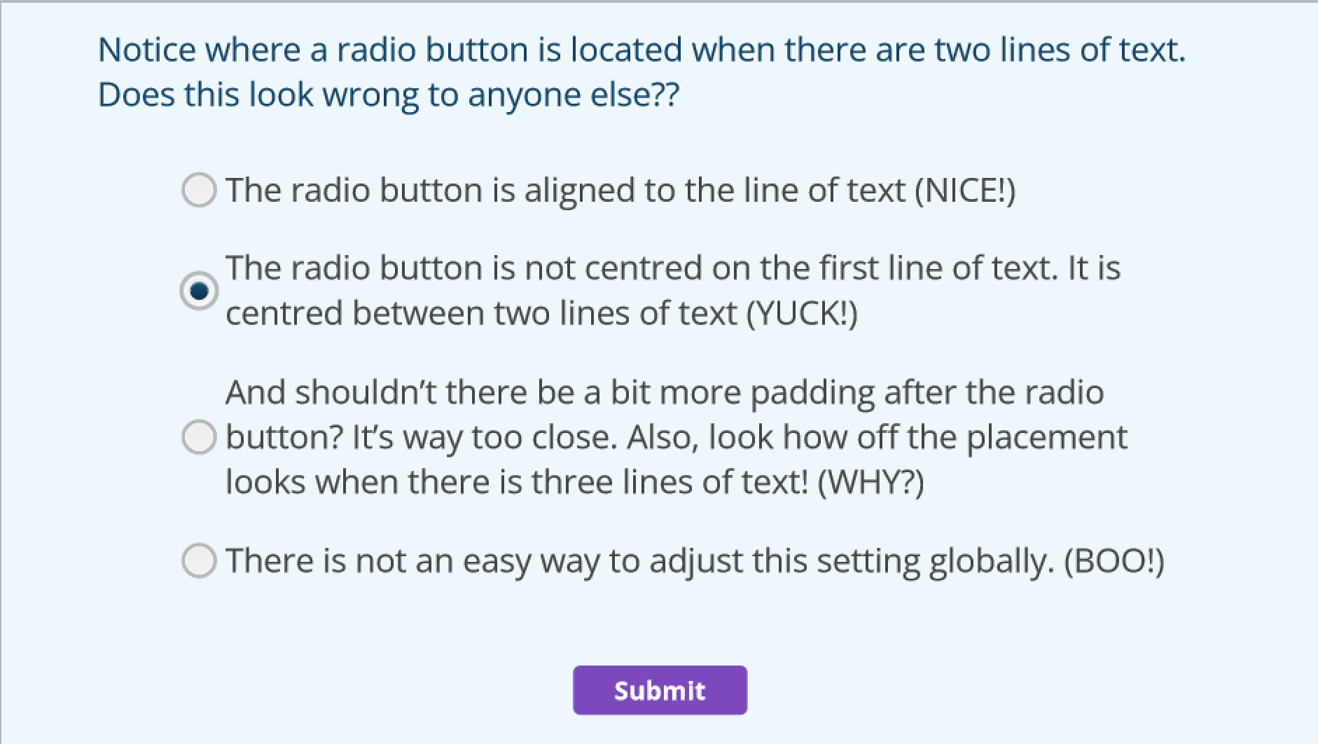 Vertical Alignment of radio buttons for two line questions | Articulate ...
