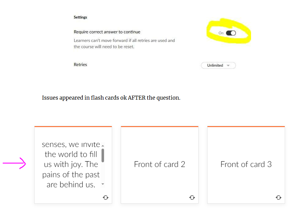 Flash card format issue after a compulsory knowledge check question in ...