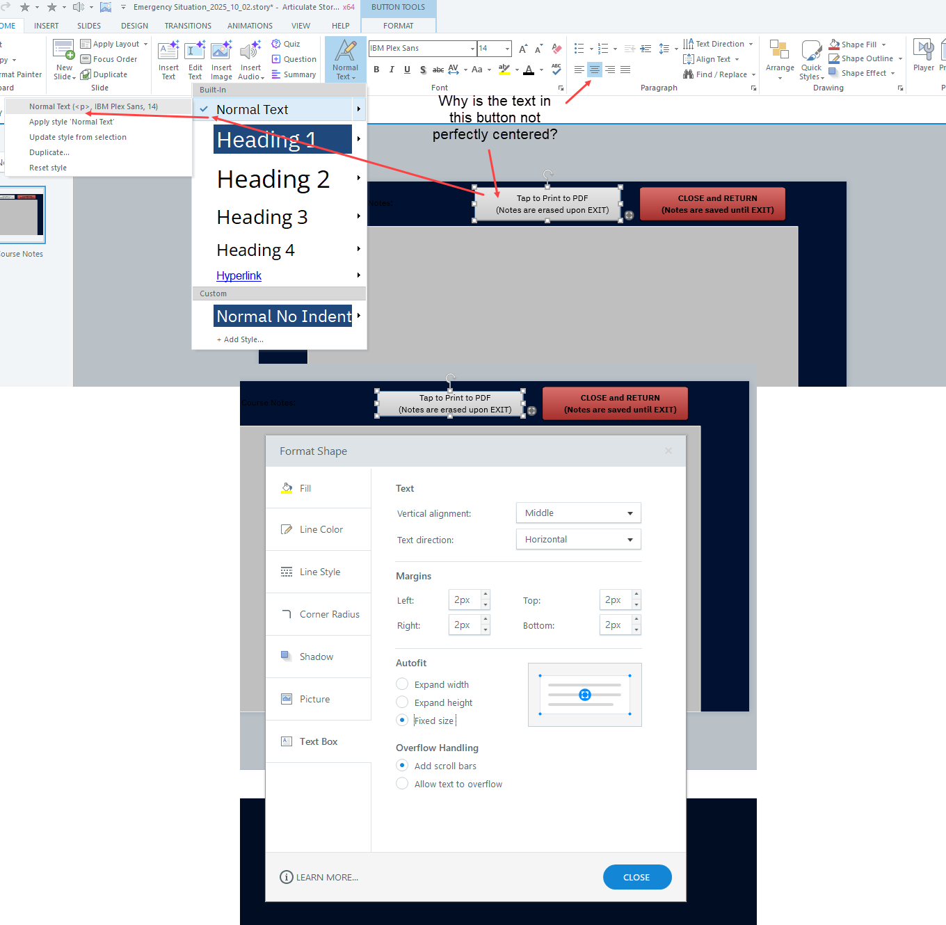 Normal Text, paragraph , Text not centered despite many settings ...
